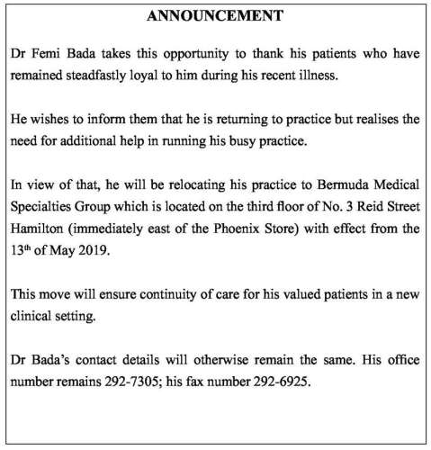 Announcement for Dr. Bada Relocation of Office - The Royal Gazette ...
