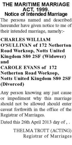 THE MARITIME MARRIAGE ACT, 1999. Notice of Intended Marriage The ...