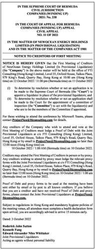 NEWOCEAN ENERGY HOLDINGS LIMITED - NOTICE OF FIRST MEETING OF CREDITORS - - The Royal Gazette ...