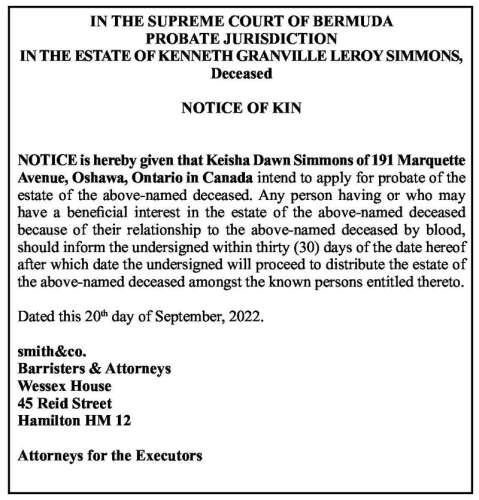 ESTATE OF KENNETH GRANVILLE LEROY SIMMONS NOTICE OF KIN - The Royal ...