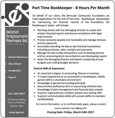 Part Time Bookkeeper - 8 Hours Per Month - The Royal Gazette | Bermuda ...