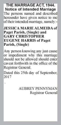 JESSICA MARIE ALMEIDA of Paget Parish, (Single) GARY CHRISTOPHER EUGENE ...