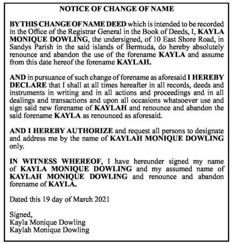 Deed Poll Kaylah Monique Dowling - The Royal Gazette | Bermuda News ...
