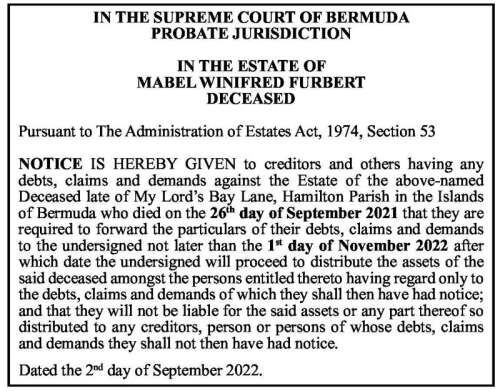 IN THE ESTATE OF MABEL WINIFRED FURBERT DECEASED - The Royal Gazette ...