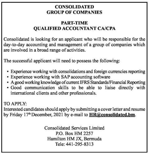 PART-TIME QUALIFIED ACCOUNTANT CA/CPA - The Royal Gazette | Bermuda ...