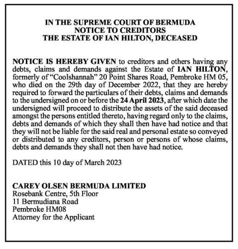 THE ESTATE OF IAN HILTON - CREDITORS - The Royal Gazette | Bermuda News ...