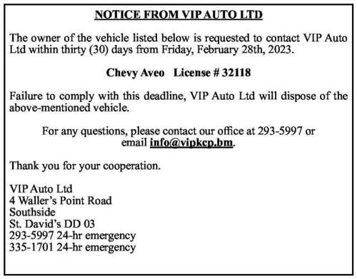 NOTICE FROM VIP AUTO LTD - The Royal Gazette | Bermuda News, Business ...