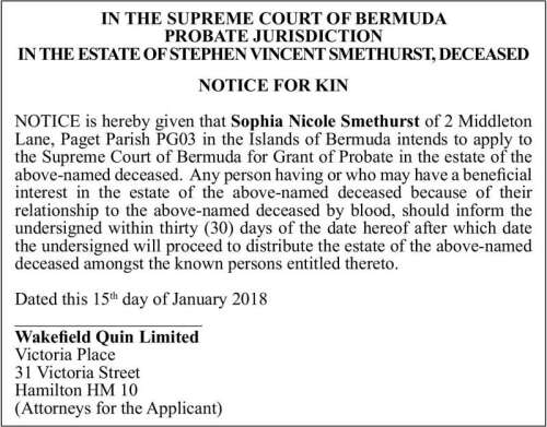 In The Estate Of Stephen Vincent Smethurst - Notice For Kin - The Royal ...