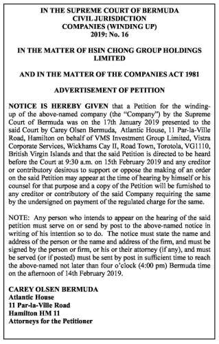 HSIN Chong Group Holdings Limited - The Royal Gazette | Bermuda News ...