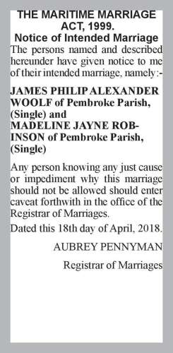 JAMES PHILIP ALEXANDER WOOLF of Pembroke Parish, (Single) MADELINE ...