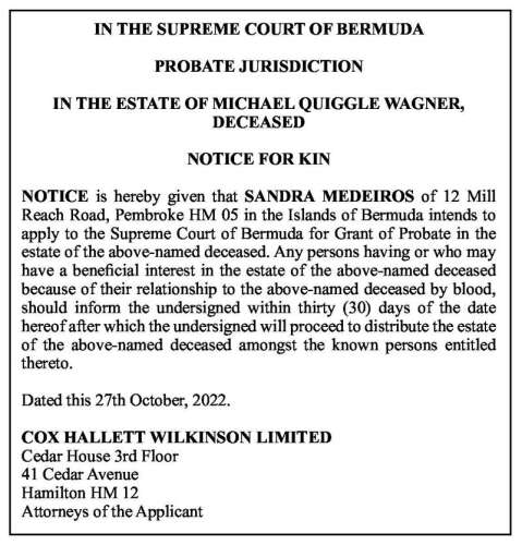 Notice of Kin MICHAEL QUIGGLE WAGNER - The Royal Gazette | Bermuda News ...