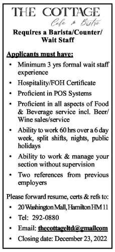 Barista/Counter/Wait Staff - The Royal Gazette | Bermuda News, Business ...