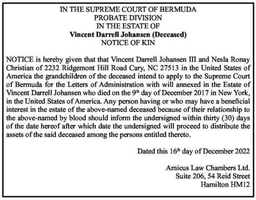 IN THE ESTATE OF Vincent Darrell Johansen (Deceased) NOTICE OF KIN ...