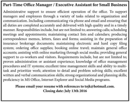 Part-Time Office Manager / Executive Assistant for Small Business - The ...