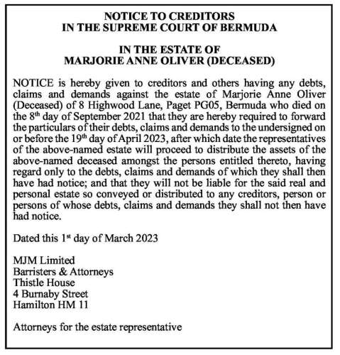 NOTICE TO CREDITORS - IN THE ESTATE OF MARJORIE ANNE OLIVER (DECEASED ...