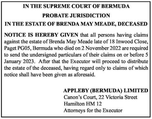 IN THE ESTATE OF BRENDA MAY MEADE- CLAIMS - The Royal Gazette | Bermuda ...