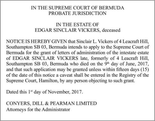 Edgar Sinclair Vickers Letters of Administration - The Royal Gazette ...
