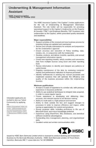 Underwriting & Management Information Assistant - The Royal Gazette ...