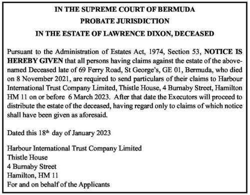 PROBATE JURISDICTION - IN THE ESTATE OF LAWRENCE DIXON, DECEASED - The ...