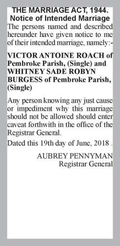 VICTOR ANTOINE ROACH of Pembroke Parish, (Single) WHITNEY SADE ROBYN ...