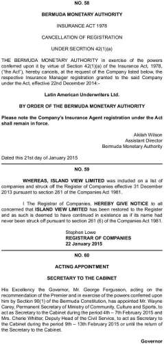 NO. 58 BERMUDA MONETARY AUTHORITY INSURANCE ACT 1978 CANCELLATION OF ...