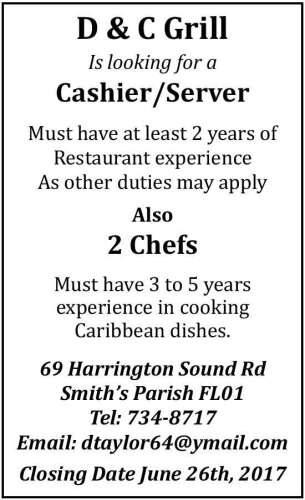 D &C Grill Cashier/Server/ 2 Chefs - The Royal Gazette | Bermuda News ...