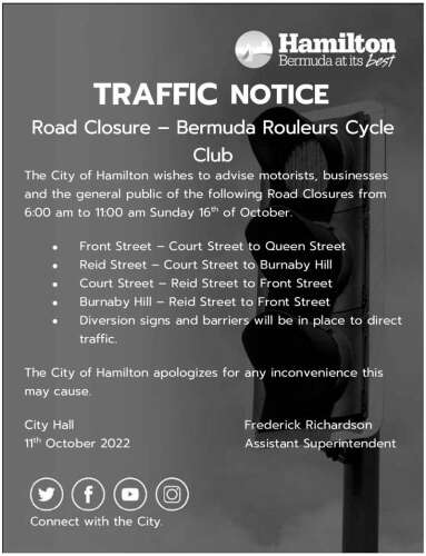 TRAFFIC NOTICE Road Closure â€“ Bermuda Rouleurs Cycle Club - The Royal ...