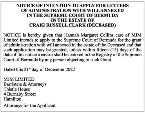Probate - Craig Russell Clark - The Royal Gazette | Bermuda News ...