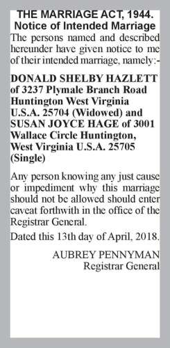 DONALD SHELBY HAZLETT of 3237 Plymale Branch Road Huntington West ...