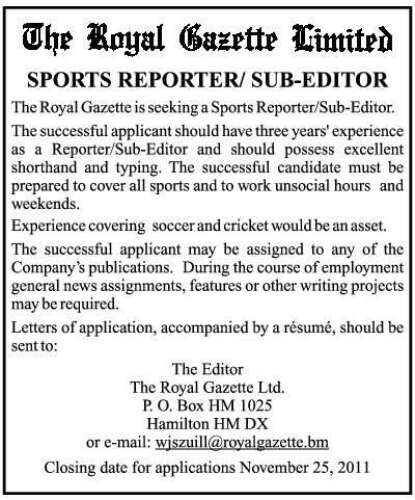 SPORTS REPORTER/SUB-EDITOR - The Royal Gazette | Bermuda News, Business ...