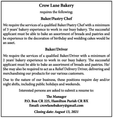 Baker/Pastry Chef and Baker/Driver - The Royal Gazette | Bermuda News ...
