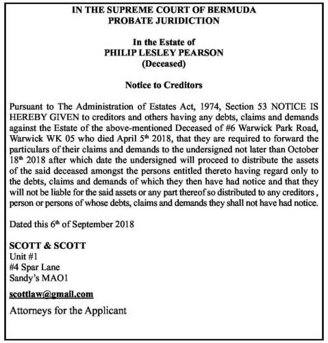 Notice of Creditors Philip Lesley Pearson - The Royal Gazette | Bermuda ...