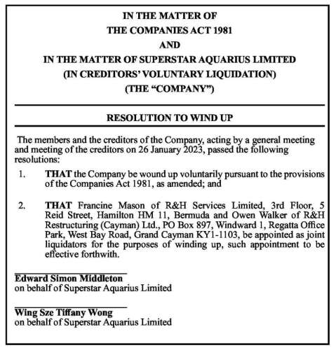 SUPERSTAR LIBRA LIMITED - WINDING UP RESOLUTION - The Royal Gazette ...