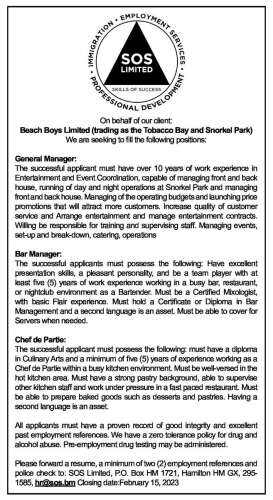 General Manager - Bar Manager - Chef de Partie - The Royal Gazette ...