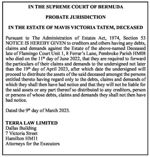 PROBATE JURISDICTION - IN THE ESTATE OF MAVIS VICTORIA TATEM, DECEASED ...