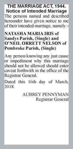 NATASHA MARIA IRIS of Sandys Parish, (Single) O'NEIL ORRETT NELSON of ...