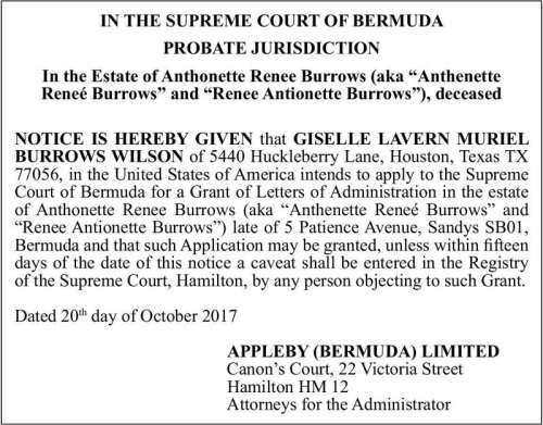 Estate of Athonette Renee Burrows - Grant - The Royal Gazette | Bermuda ...