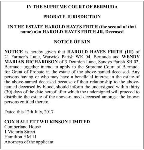 In The Estate of Harold Hayes Frith - The Royal Gazette | Bermuda News ...