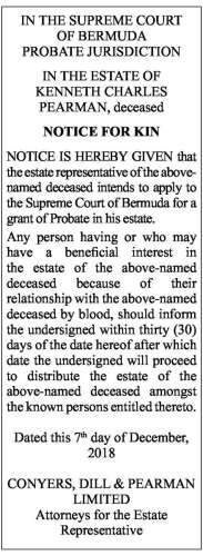 Estate of Kenneth Charles Pearman Notice of Kin - The Royal Gazette ...