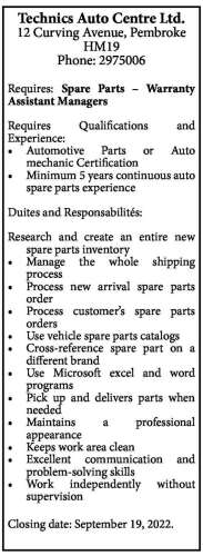 Spare Part Assistant Manager - The Royal Gazette | Bermuda News ...