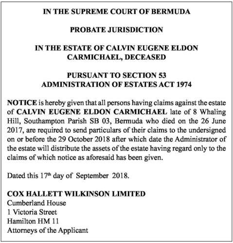 Estate of Calvin Eugene Eldon Carmichael Notice to Creditors - The ...
