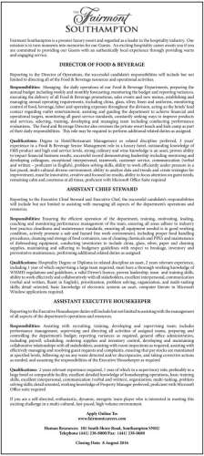 Director of Food and Beverage Assistant Chief Steward and Assistant ...