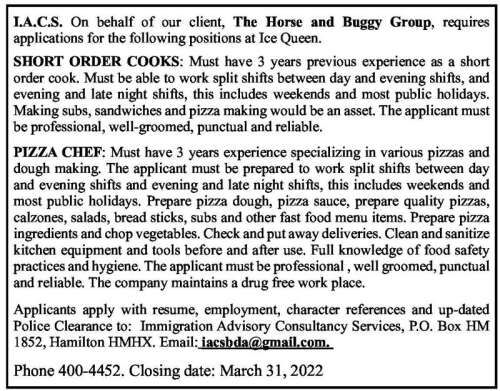 SHORT ORDER COOKS - PIZZA CHEF - The Royal Gazette | Bermuda News ...