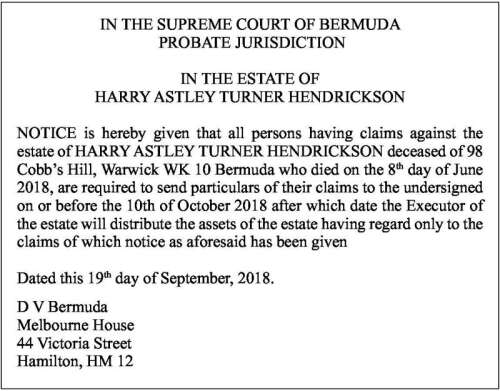 Harry Astley Turner Hendrickson - Notice To Creditors - The Royal ...
