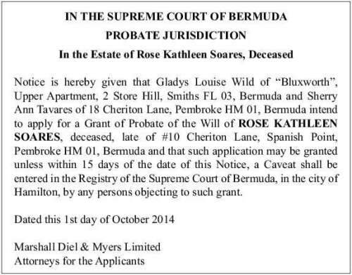 Probate - Rose Kathleen Soares - The Royal Gazette | Bermuda News ...