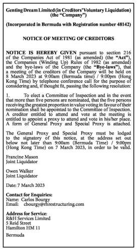 Genting Dream Limited - NOTICE OF MEETING OF CREDITORS - The Royal Gazette | Bermuda News ...