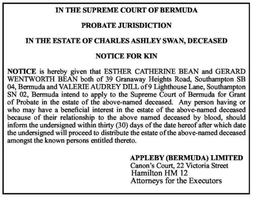 IN THE ESTATE OF CHARLES ASHLEY SWAN - CLAIMS - The Royal Gazette ...