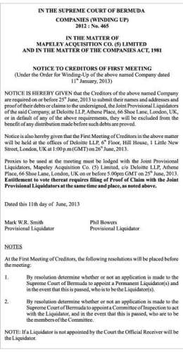 Mapeley Acquisition Co. (5) Limited Notice to Creditors of First ...