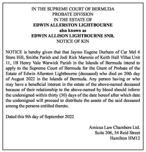 Estate of Edwin A. Lightbourne Notice of Kin - The Royal Gazette ...