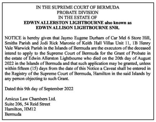 Estate of Edwin A. Lightbourne Notice of Intention to Apply - The Royal ...